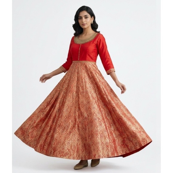 Salwars | Intage Anarkali Gown Dress Red Gold Brocade Indo Western ...